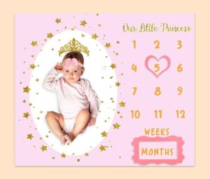 phmojen monthly milestone blanket for baby girl, 48"x40" soft flannel pink princess memory growth blanket, photography backdrop prop for newborn baby shower, 1 to 12 months include marks btlsph819