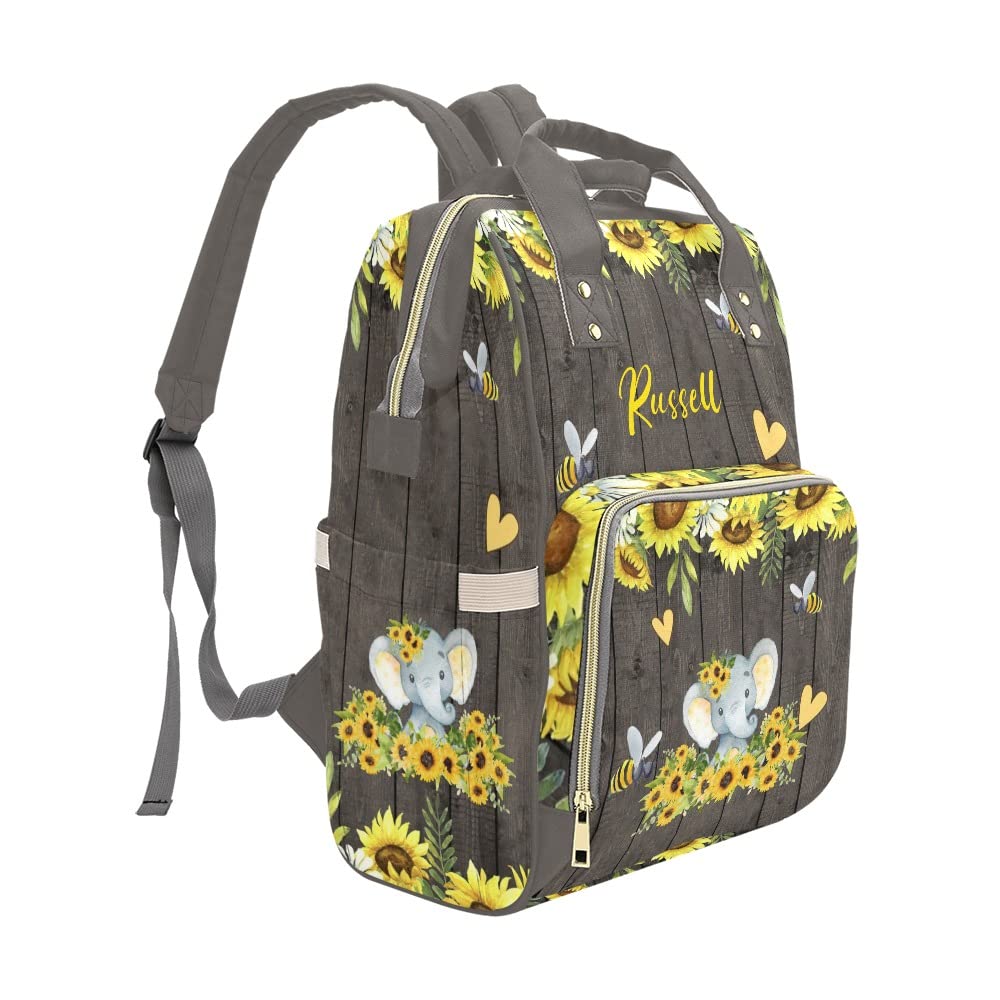 Liveweike Elephant Sunflower Bee Personalized Diaper Bag Backpack Custom Name Daypack Large Mommy Bag for Teen Girl Boy Student