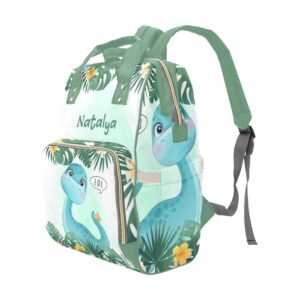 Liveweike Cute Dinosaur Personalized Diaper Bag Backpack Custom Name Daypack Large Mommy Bag for Teen Girl Boy Student