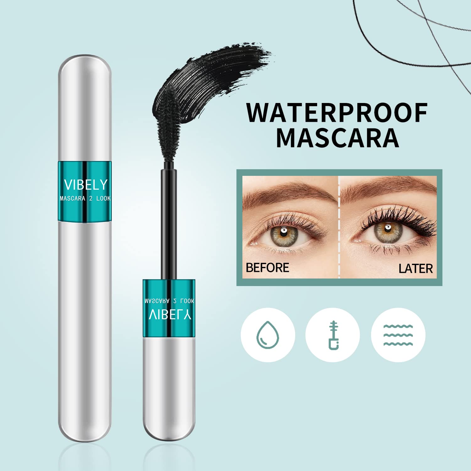 2 Pack 2 in 1 Mascara 5x Longer Waterproof Lash Cosmetics Natural Lengthening and Thickening Effect No Clumping Superstrong Magic 4d Silk Fiber For Vibely Mascara Makeup (2 Pack)