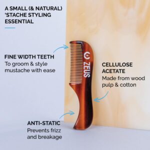 ZEUS Handmade Saw-Cut Mustache Comb, Fined Toothed, Durable Cellulose, Hand Polished, Pocket Comb & Beard Comb for Mustache and Beard (Single Traditional)