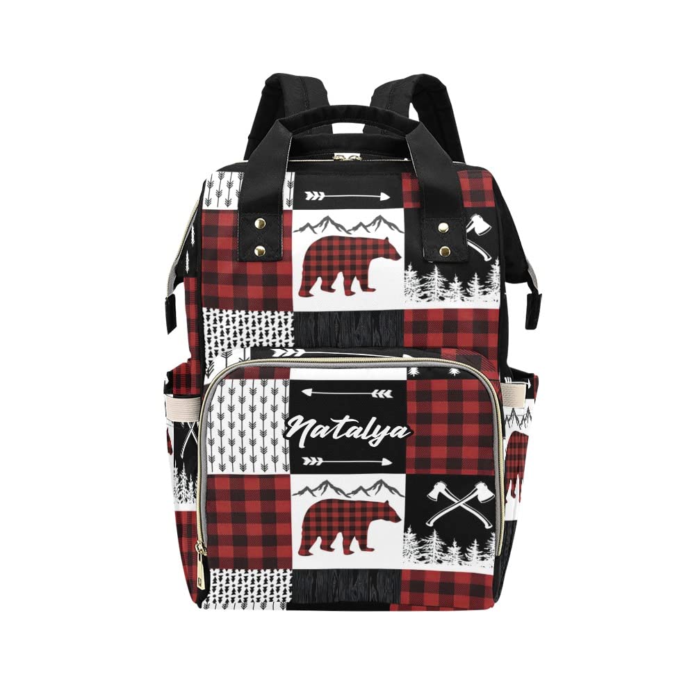 Liveweike Buffalo Plaid Bear Deer Personalized Diaper Bag Backpack Custom Name Daypack Large Mommy Bag for Teen Girl Boy Student