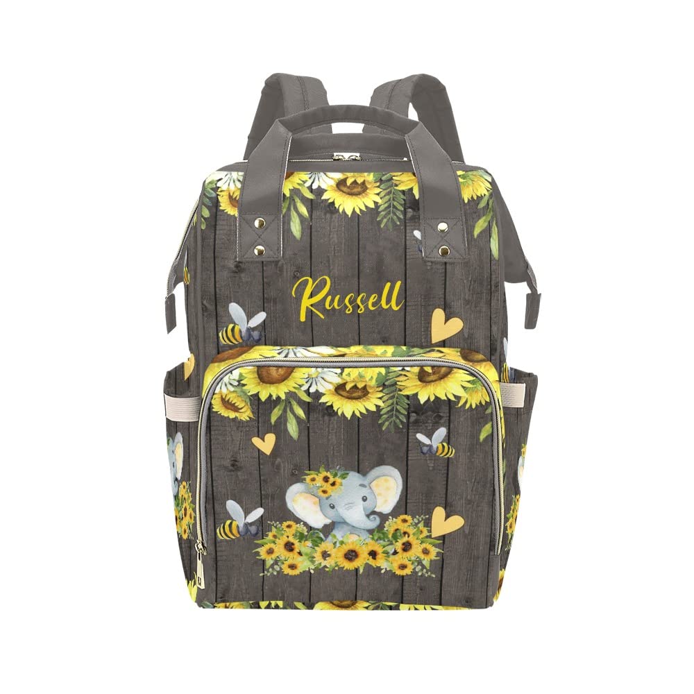 Liveweike Elephant Sunflower Bee Personalized Diaper Bag Backpack Custom Name Daypack Large Mommy Bag for Teen Girl Boy Student