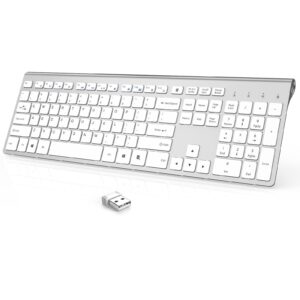 joyaccess rechargeable silent wireless keyboard, 2.4g usb keyboard for mac, pc, laptop, compatible with windows, ios, android, water resistant, slim design (silver white)