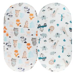 tontukatu bassinet sheet set 2 pack snug fitted cradle fitted sheets, stretchy ultra soft, for oval rectangle hourglass bassinet mattress, unisex boy girl, tiger elephant & fox