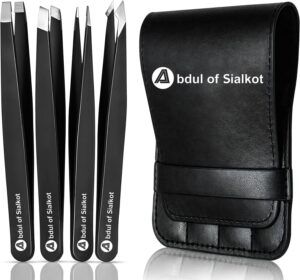 abdul of sialkot eyebrow tweezer set for women & men - professional slant and pointed tweezers set with case - precision tweezers kit for facial hair, splinter and ingrown hair removal (black 4 piece)