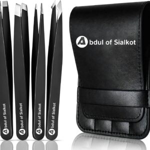 Abdul of Sialkot Eyebrow Tweezer Set for Women & Men - Professional Slant and Pointed Tweezers Set with Case - Precision Tweezers Kit for Facial Hair, Splinter and Ingrown Hair Removal (Black 4 piece)