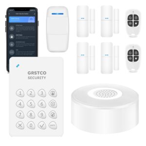 wifi alarm system, smart home alarm system wireless 9 piece-kit, diy alarm system, door window sensor, motion sensor, remote, keypad, work with alexa, for house, apartment security by grsico 2nd gen