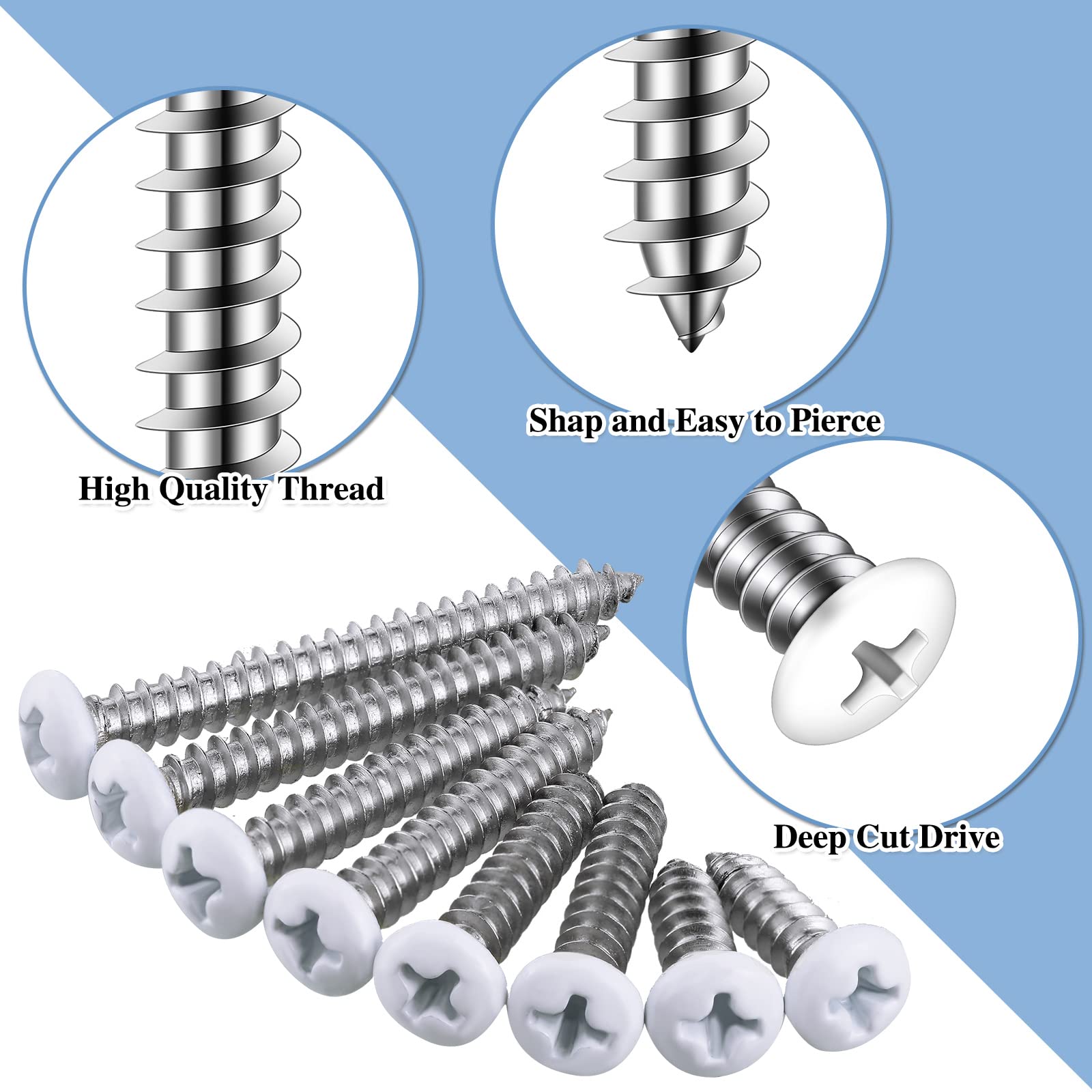 100 Pcs #8 White Pan Head Screw White Sheet Metal Screw Self Tapping Stainless Steel Wood to Metal Screws for Wall Plates Switches Covers Replacement, 5 Sizes