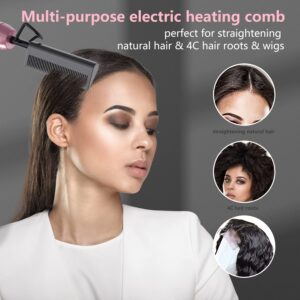 500 Degree Temperature Adjustable Ceramic Heat Comb with 60 min Shut Off - Plug-in Electric Straightener for Wigs and Natural Black Hair, Pink