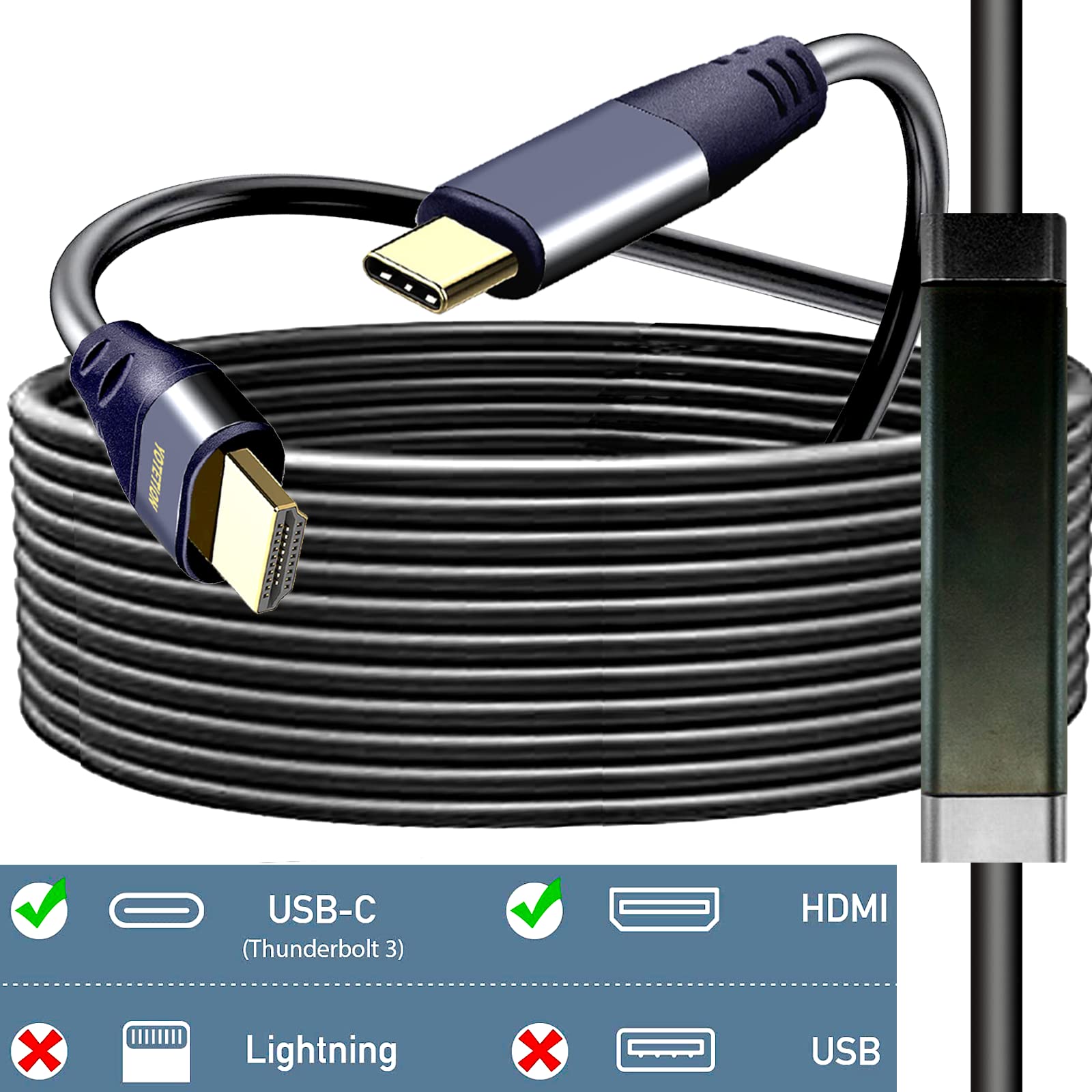 USB C to HDMI Cable 30FT/10M with IC, 4K@60HZ Type-C to HDMI for MacBook Pro/Air, iMac, Galaxy S20 S10 S9 S8, Surface, Dell, HP, MacBook Pro, MacBook Air, iPad Pro, Pixelbook, XPS, Galaxy