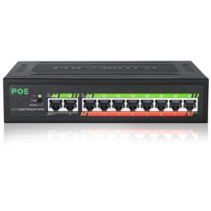 10 gigabit port poe ethernet switch, 8 poe port switch with 2 uplink, unmanaged ethernet splitter 802.3af/at compliant plug & play traffic transmission