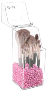 sooyee makeup brush holder,makeup brush organizer with 8mm pink pearls,dustproof makeup brush holder with lid