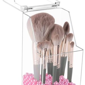 Sooyee Makeup Brush Holder,Makeup Brush Organizer with 8mm Pink Pearls,Dustproof Makeup Brush holder with Lid