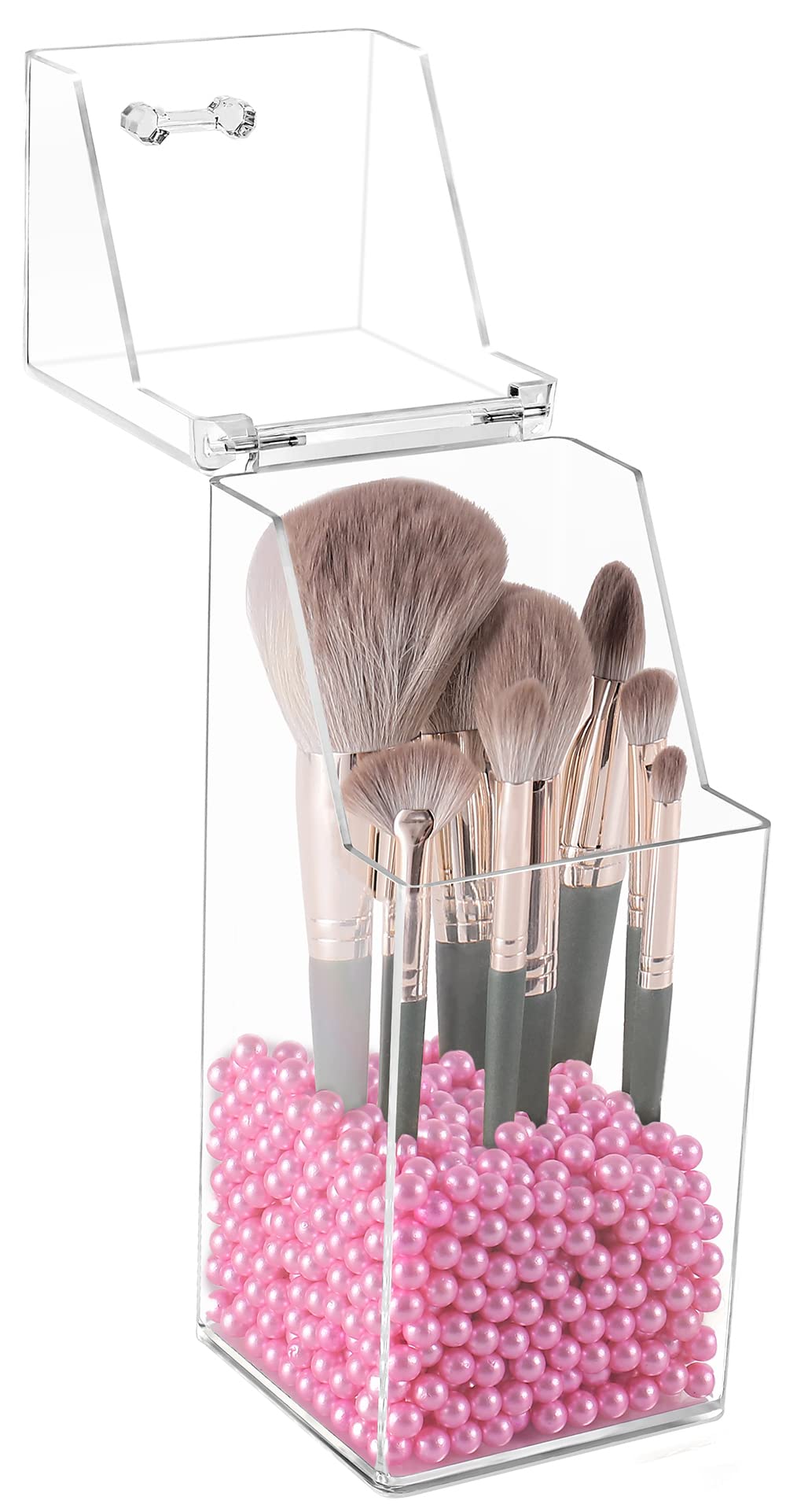 Sooyee Makeup Brush Holder,Makeup Brush Organizer with 8mm Pink Pearls,Dustproof Makeup Brush holder with Lid