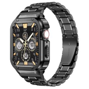 miohhr apple watch series 9/8/7(45mm) stainless steel rugged strap with metal protective bumper cover for iwatch band men black case compatible