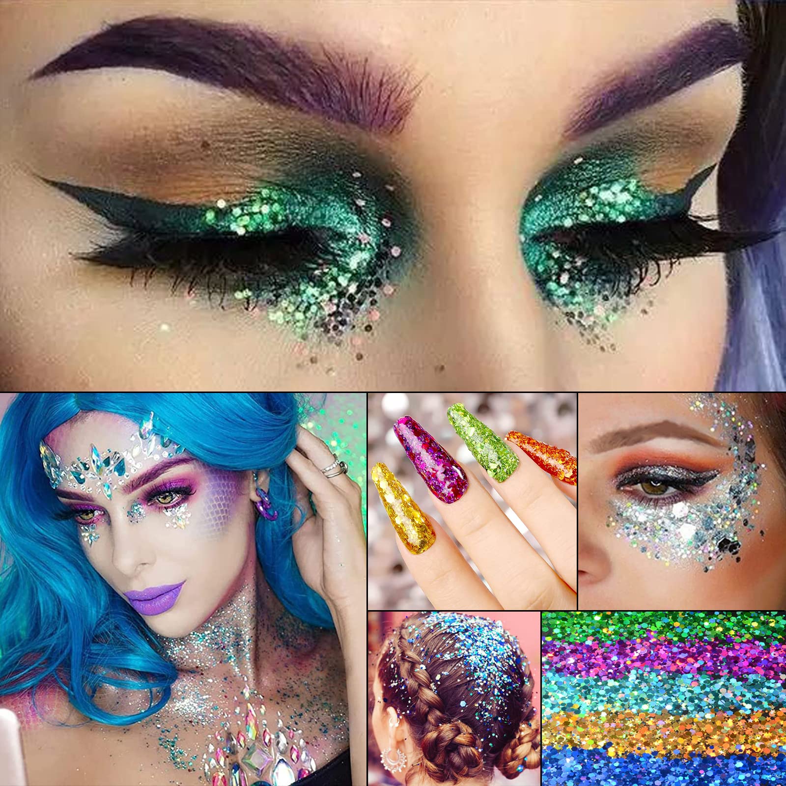 Body Glitter Makeup Set, 2Pcs Mermaid Sequins Face Glitter Gel Makeup for Body, Hair, Face, Nail, Eyeshadow, Long Lasting Waterproof Liquid Glitter Gel Total 10 Colors Available (#5 Green, 2PCS)