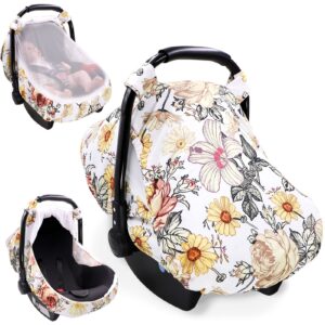 floral baby car seat cover for girl,infant carseat canopy sun cover，baby carrier cover with zipped peep windows and breathable mesh, stretchy 3in1multi-use stroller cover