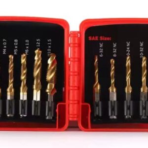 SharCreatives 13 pcs SAE and Metric Combination Drill & Tap Bit Set, 3-in-1 Titanium Coated Screw Tapping Bit Tool for Drilling, Tapping, Countersinking, with 1/4" Quick-Change Adapter