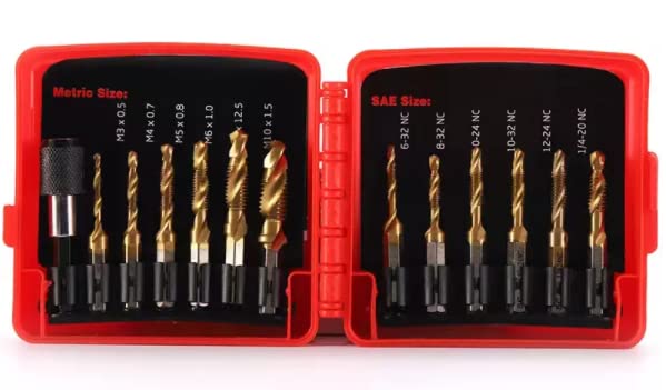 SharCreatives 13 pcs SAE and Metric Combination Drill & Tap Bit Set, 3-in-1 Titanium Coated Screw Tapping Bit Tool for Drilling, Tapping, Countersinking, with 1/4" Quick-Change Adapter