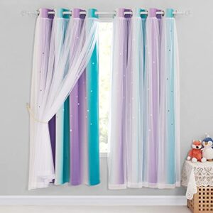 nicetown kids blackout curtains for girls, star cutout teal & purple double layer curtains for bedroom grommet mix & match baby window decor drapes for nursery/living room, 2 panels, 52" w x 72" l