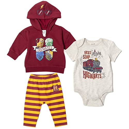 Harry Potter Infant Baby Boys Fleece Pullover Hoodie Bodysuit and Pants 3 Piece Outfit Set Maroon 18 Months