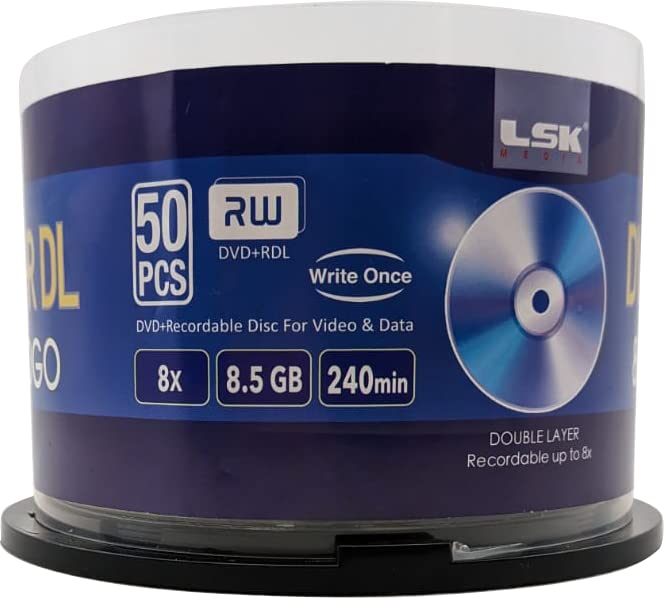 DVD+R DL Double Layer Logo 8X 8.5GB 240min Video – LSK Media Logo Top, 50 Pack in Spindle | Blank DVDs for Burning Video | DVD Discs Blank | Recordable DVDs