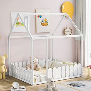 merax wooden house bed with fence-shaped guardrail montessori bed frame for kids, toddlers, girls, boys (full,white)