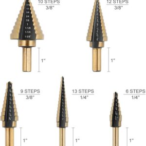 Loboo Idea 6 Pieces/Set Step Drill Bit Set & Automatic Center Punch (6-Pieces/Set, Black)