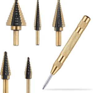 Loboo Idea 6 Pieces/Set Step Drill Bit Set & Automatic Center Punch (6-Pieces/Set, Black)