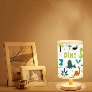 IEINTABRWNER Boho Bedside Table lamp Dinosaur Cute Kids colllection Set Little Cute Dinos Baby Dino Solid Wooden Base Flaxen Fabric Shade Nightstand Lamps for Bedroom Boy's Room Desk Light 5.5x11in