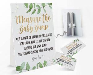 how big is mommys belly game, measure mommy's belly sign(sign 8x10 inch), leafy theme baby shower games, baby showers decorations, 1 standing sign + 50 guessing cards(bump09)