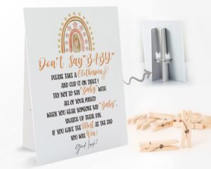 don't say baby baby shower game, don't say baby sign(sign 8x10 inch), boho rainbow, 1 standing sign + 50 clothespins(ds58)