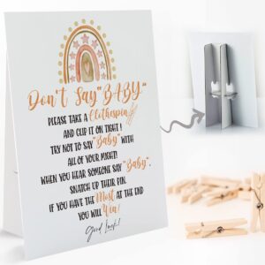 Don't Say Baby Baby Shower Game, Don't Say Baby Sign(Sign 8x10 Inch), Boho Rainbow, 1 Standing Sign + 50 Clothespins(ds58)