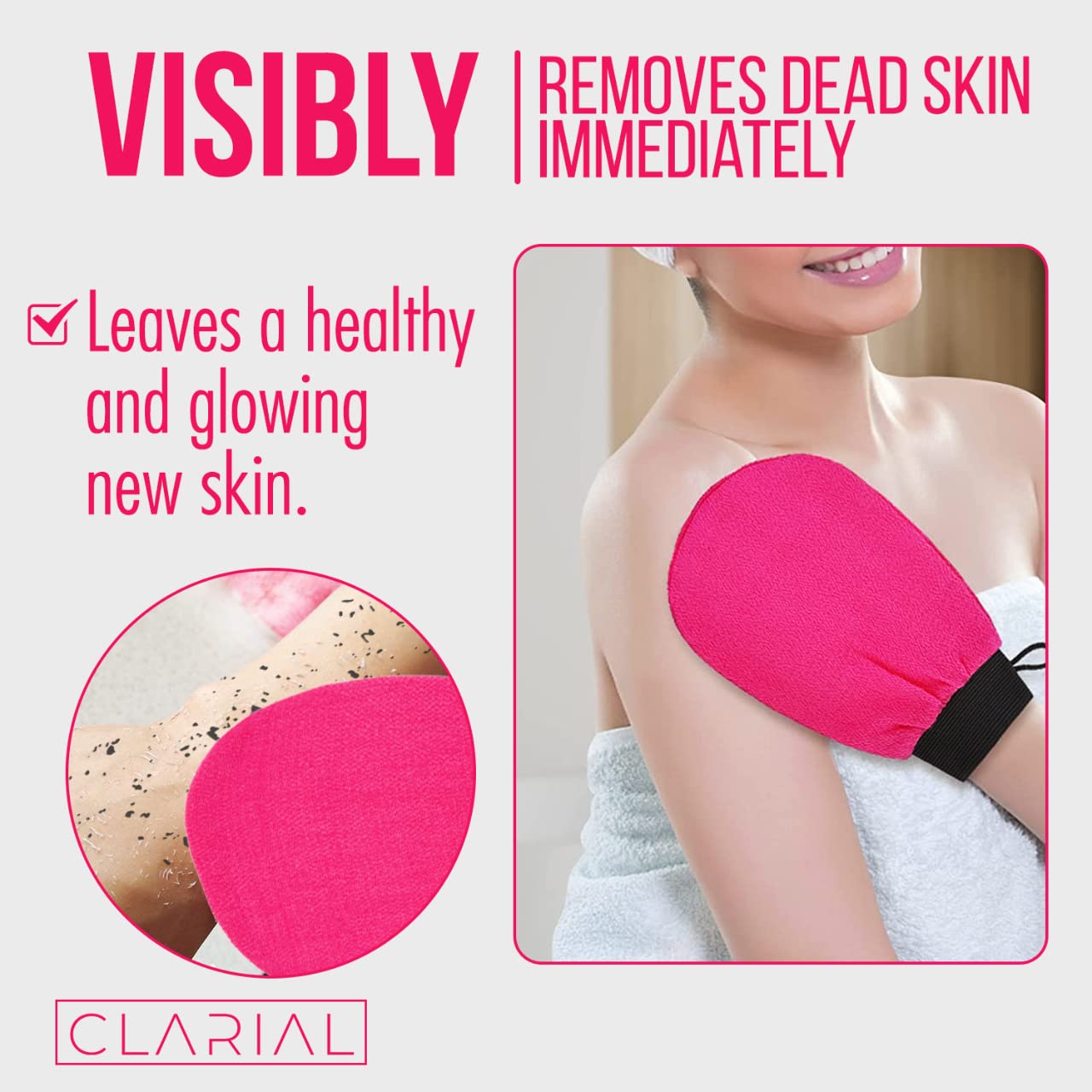 Clarial Exfoliating Body Scrub for Bath and Shower Use - Face Scrubber and Body Exfoliator Mitt, Dead Skin Remover - Exfoliating Glove Shower Scrub for Men and Women - Pair Pink