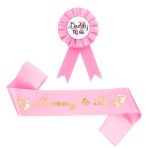 mommy sash and daddy to be tinplate badge for baby shower decorations, ideal be mommy shower sash and 'daddy to be' button pin gift for gender reveals party (pink)