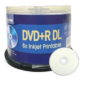 dvd+r dl double layer 8x 8.5gb 240min video, white inkjet printable, by lsk media, 50 pack in spindle | blank dvds for burning video | dvd discs blank | recordable dvds