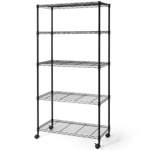 fencer wire 4/5-tier adjustable height wire shelving unit, garage shelving storage organizer, wire rack shelving, metal steel storage shelf, utility storage shelf with leveling feet and wheels, black