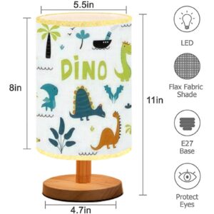 IEINTABRWNER Boho Bedside Table lamp Dinosaur Cute Kids colllection Set Little Cute Dinos Baby Dino Solid Wooden Base Flaxen Fabric Shade Nightstand Lamps for Bedroom Boy's Room Desk Light 5.5x11in