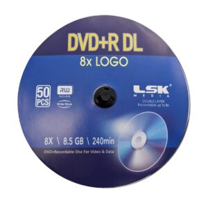 DVD+R DL Double Layer Logo 8X 8.5GB 240min Video – LSK Media Logo Top, 50 Pack in Spindle | Blank DVDs for Burning Video | DVD Discs Blank | Recordable DVDs