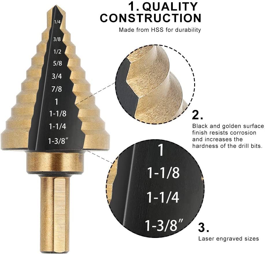 Loboo Idea 6 Pieces/Set Step Drill Bit Set & Automatic Center Punch (6-Pieces/Set, Black)