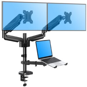 mountup dual monitor and laptop mount, gas spring monitor stand for 2 max 27" computer screens, laptop tray fits 10-17inch notebook, holds 4.4-17.6lbs per arm, 3-in-1 adjustable monitor desk mount