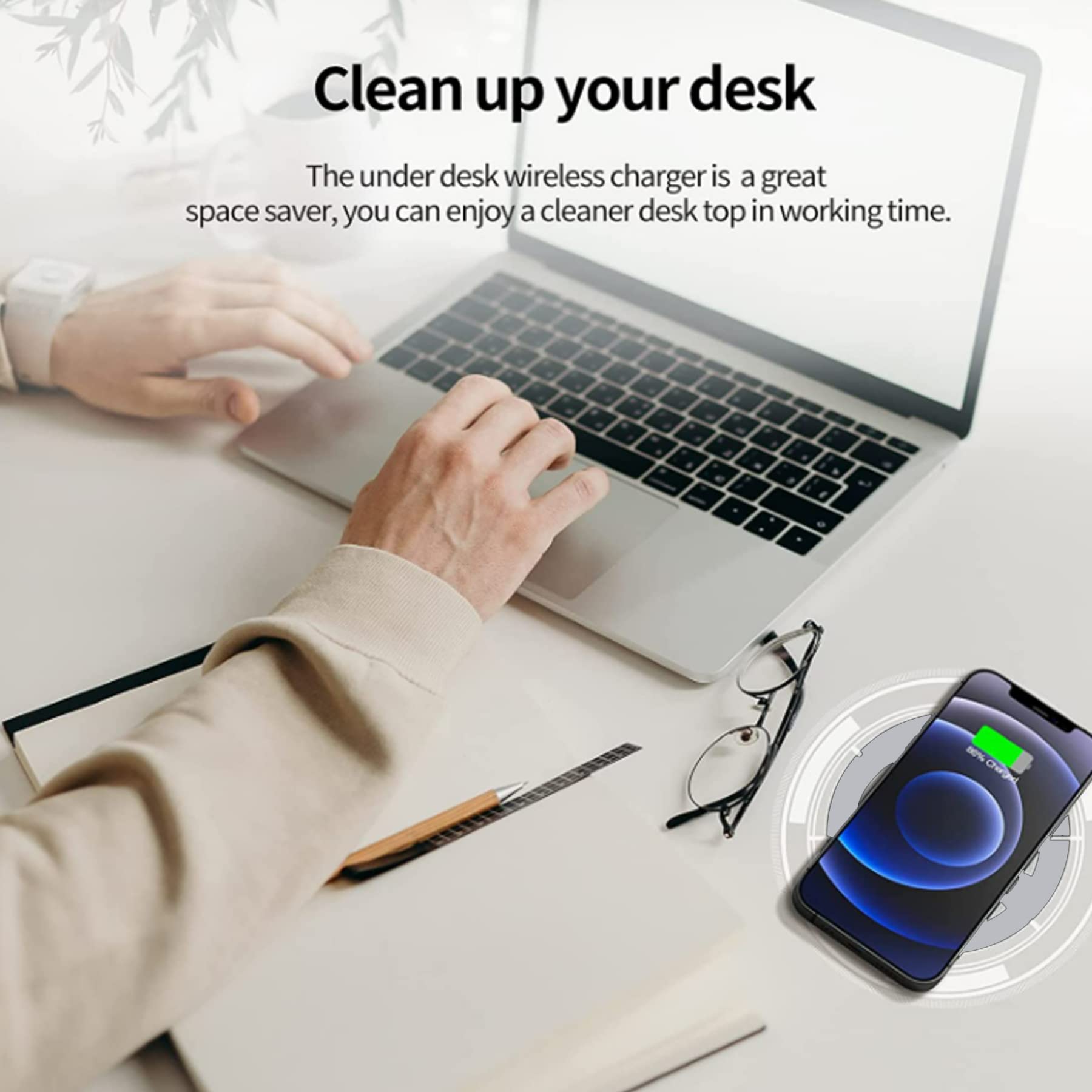 NiiTTER Invisible Wireless Charger, 40MM(1.57") Under Desk Wireless Charger, Under Counter Wireless Charging for iPhone 16/15/14/13/ Samsung Galaxy S23/S22/S21(Adapter Included)