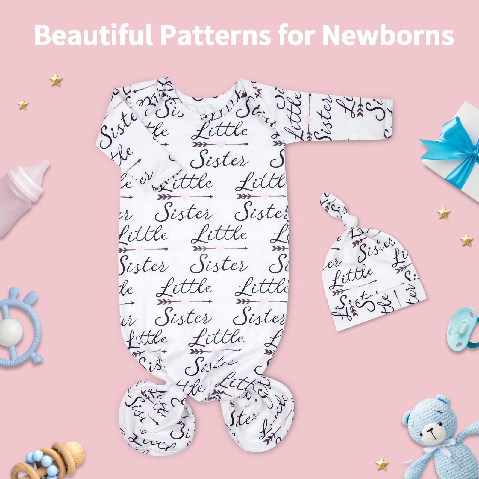 Mikccer Baby Newborn Knotted Gown 0-6 Months, Soft Breathable Sleeper Gowns, Babies Girl Coming Home Outfit Infant Little Sister Nightgowns with Hat Set