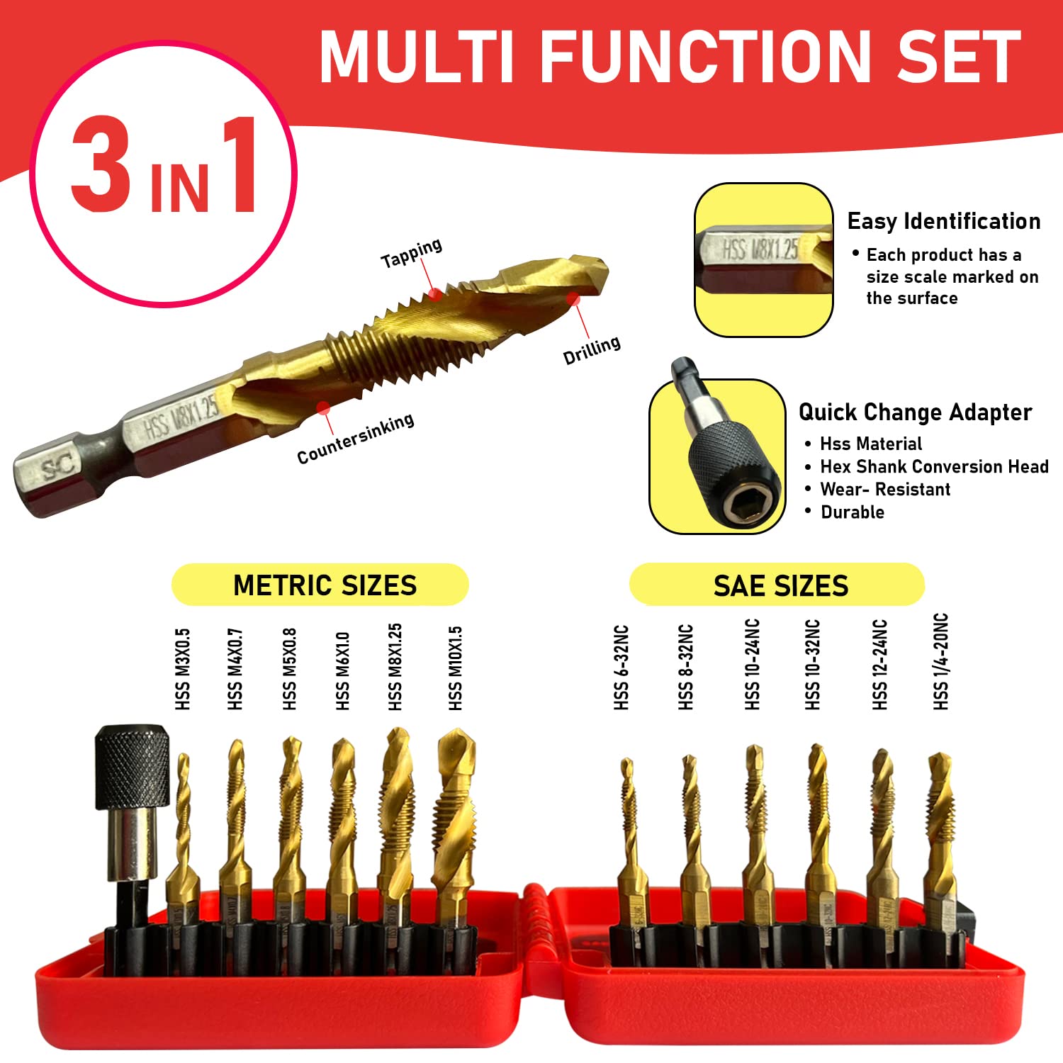 SharCreatives 13 pcs SAE and Metric Combination Drill & Tap Bit Set, 3-in-1 Titanium Coated Screw Tapping Bit Tool for Drilling, Tapping, Countersinking, with 1/4" Quick-Change Adapter