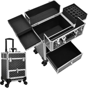 costravio rolling makeup train case, large storage professional cosmetic trolley makeup travel case with drawer key swivel wheels beauty barber tattoo case trunk for makeup nail tech, black