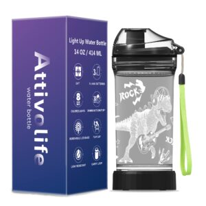 Attivolife Light up Kids Dinosaur Water Bottle with 3D Illusion Glowing Lamp, Travel Cup - 14 OZ Free Eco-Friendly Timer Function, Cool Unique Gifts for Back to School Boy Girl Toddler Camping