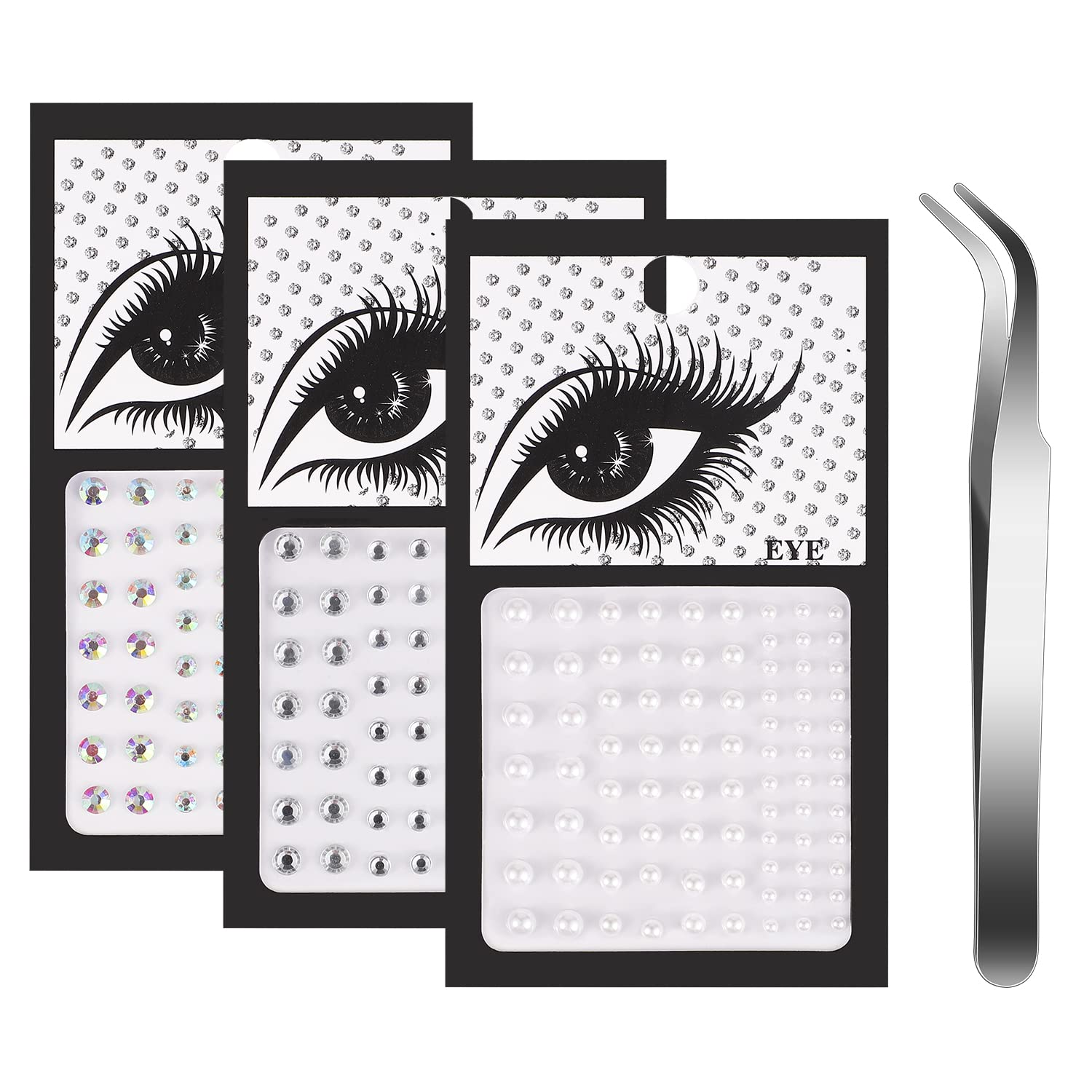 246 Pcs Face Gems Eye Jewels with Tweezers, Stocking Stuffers for Women Acrylic Rhinestone Stickers Self Adhesive Pearl Nail Hair Gems for Makeup (2mm & 3mm &4mm)