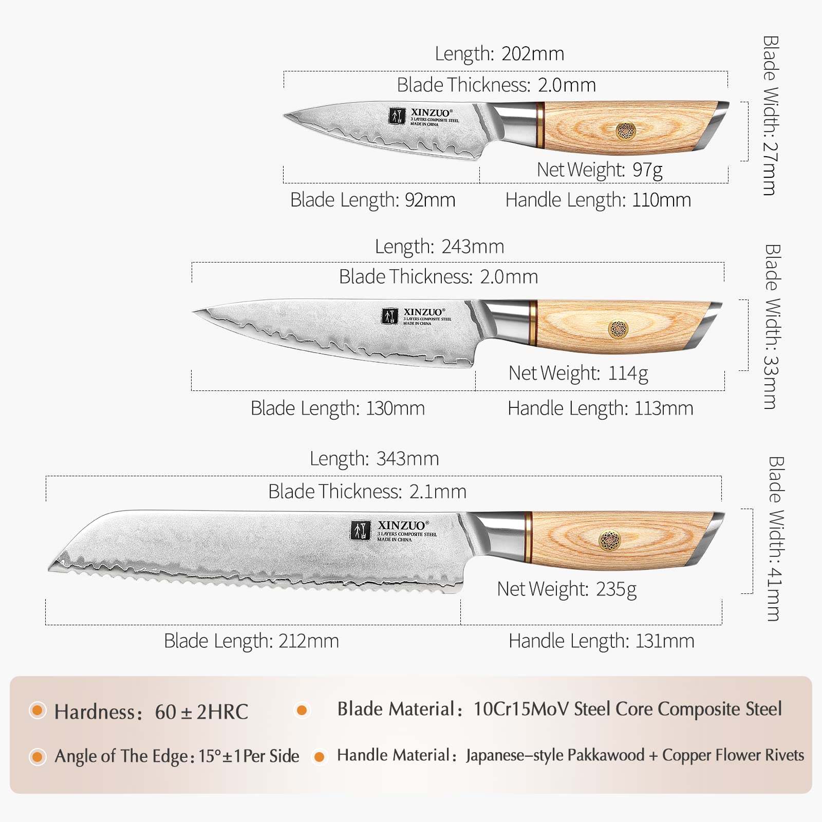 XINZUO Chef Knife Set, Professional Kitchen Knife Set for Chefs and Home Cooking, High Carbon Steel Knife Set, Japanese Knife Set with Pakkawood Handle, Gift Box Packing