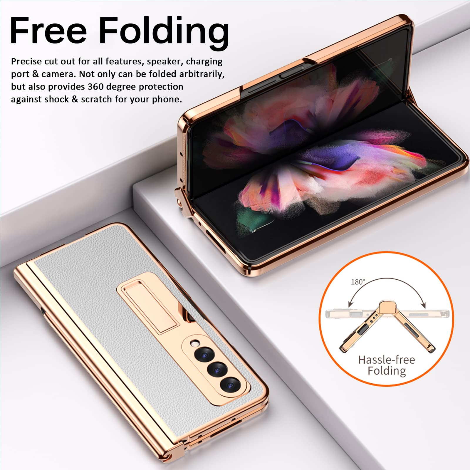 Miimall Compatible for Samsung Galaxy Z Fold 3 Case with S Pen, Stylus Pen with Pen Holder+Tempered Glass Screen Protector+Plating All-Inclusive Hinge Leather Case for Samsung Galaxy Z Fold 3 (White)